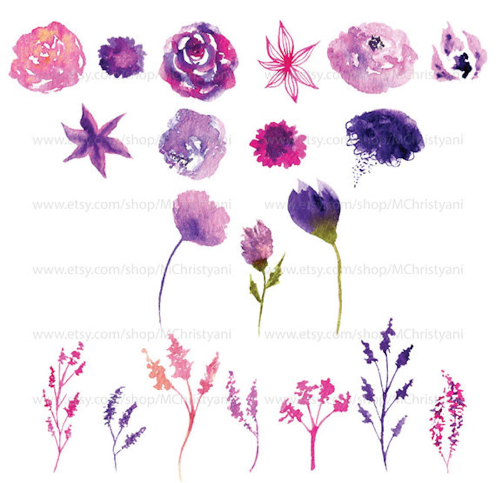 Watercolor Floral Clip Art, Pink and Purple Flowers Clip Art, Hand ...