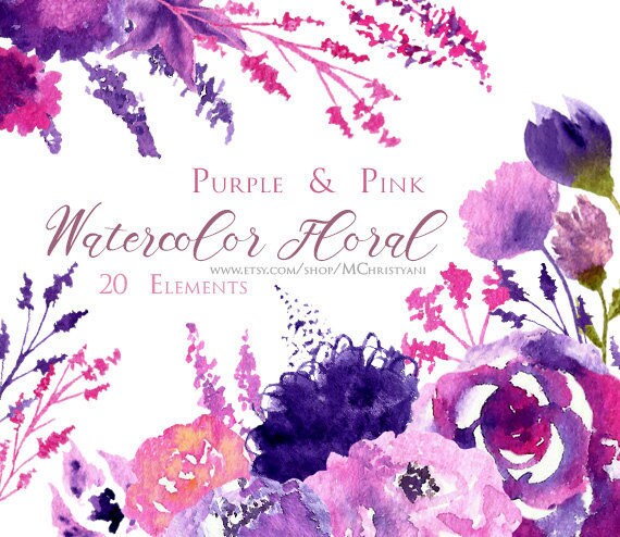 Watercolor Floral Clip Art, Pink and Purple Flowers Clip Art, Hand ...