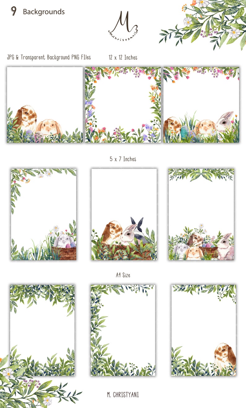 Spring Easter Bunny Clip Art Set, Watercolor Clip Art, Seamless Borders ...