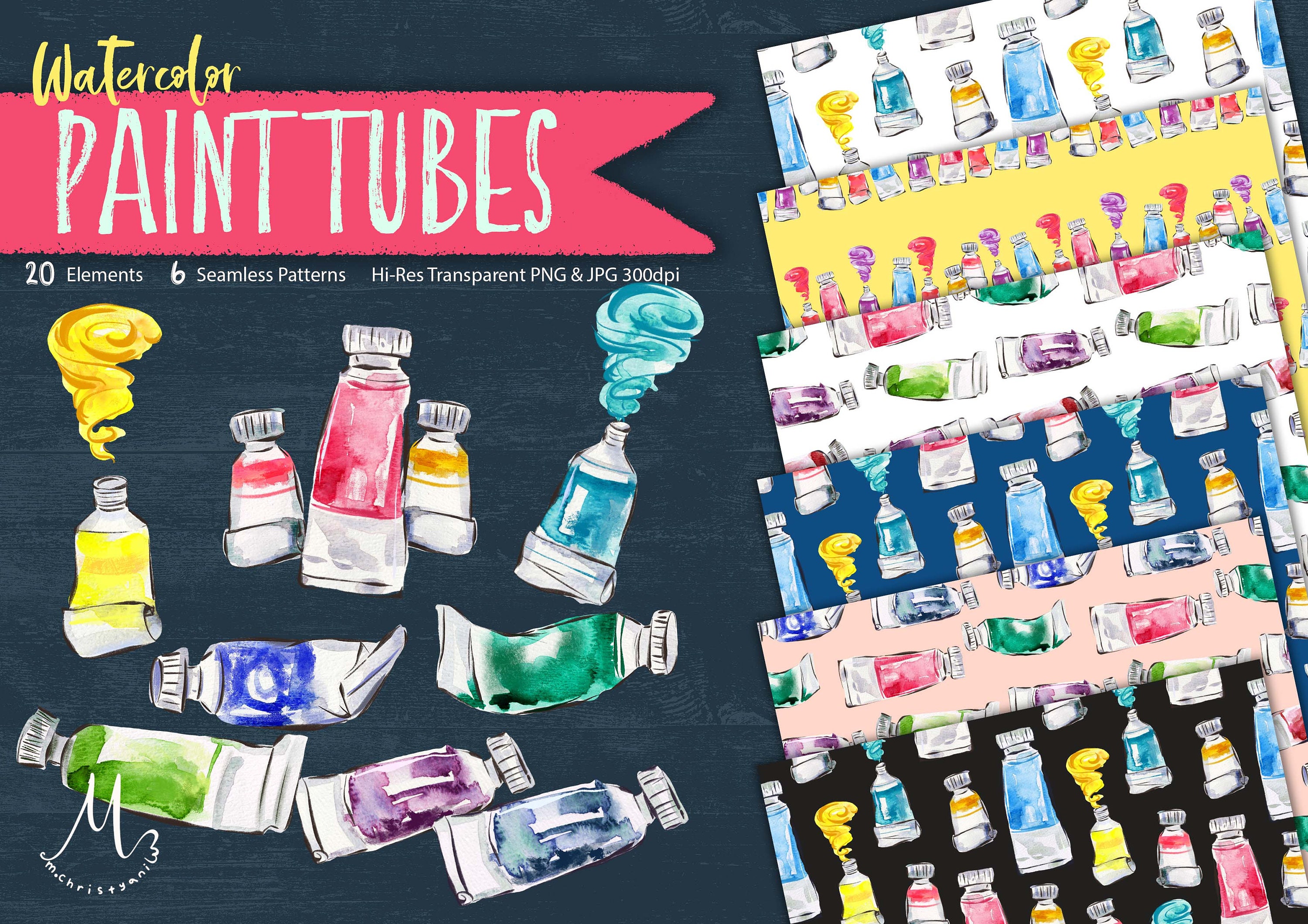 Watercolor Paint Tubes Clip Art & Seamless Patterns Mini Set,colorful ...