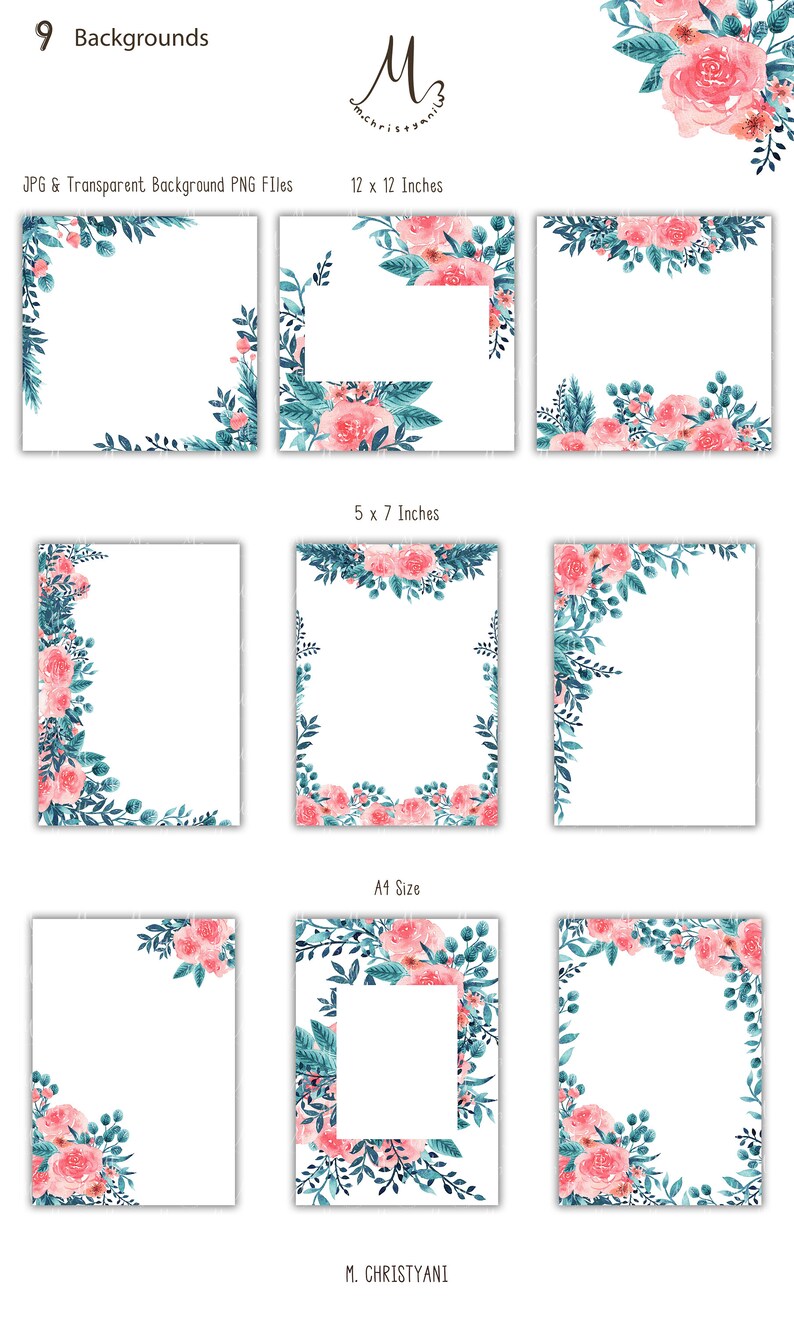Spring Rose Floral Clip Art Set, Floral Backgrounds, Floral Frame, Pink ...