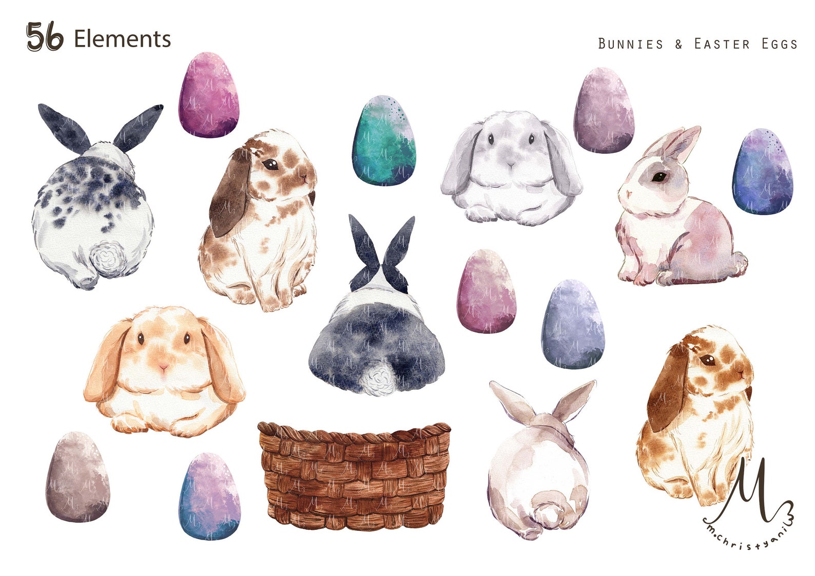 Spring Easter Bunny Clip Art Set, Watercolor Clip Art, Seamless Borders ...