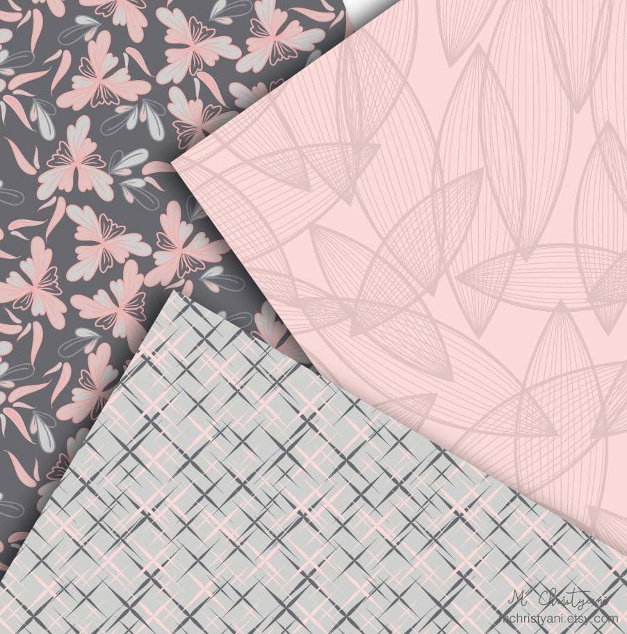 Pink Gray Floral Seamless Tileable Digital Paper Pack 6" X 6" Scrapbook ...