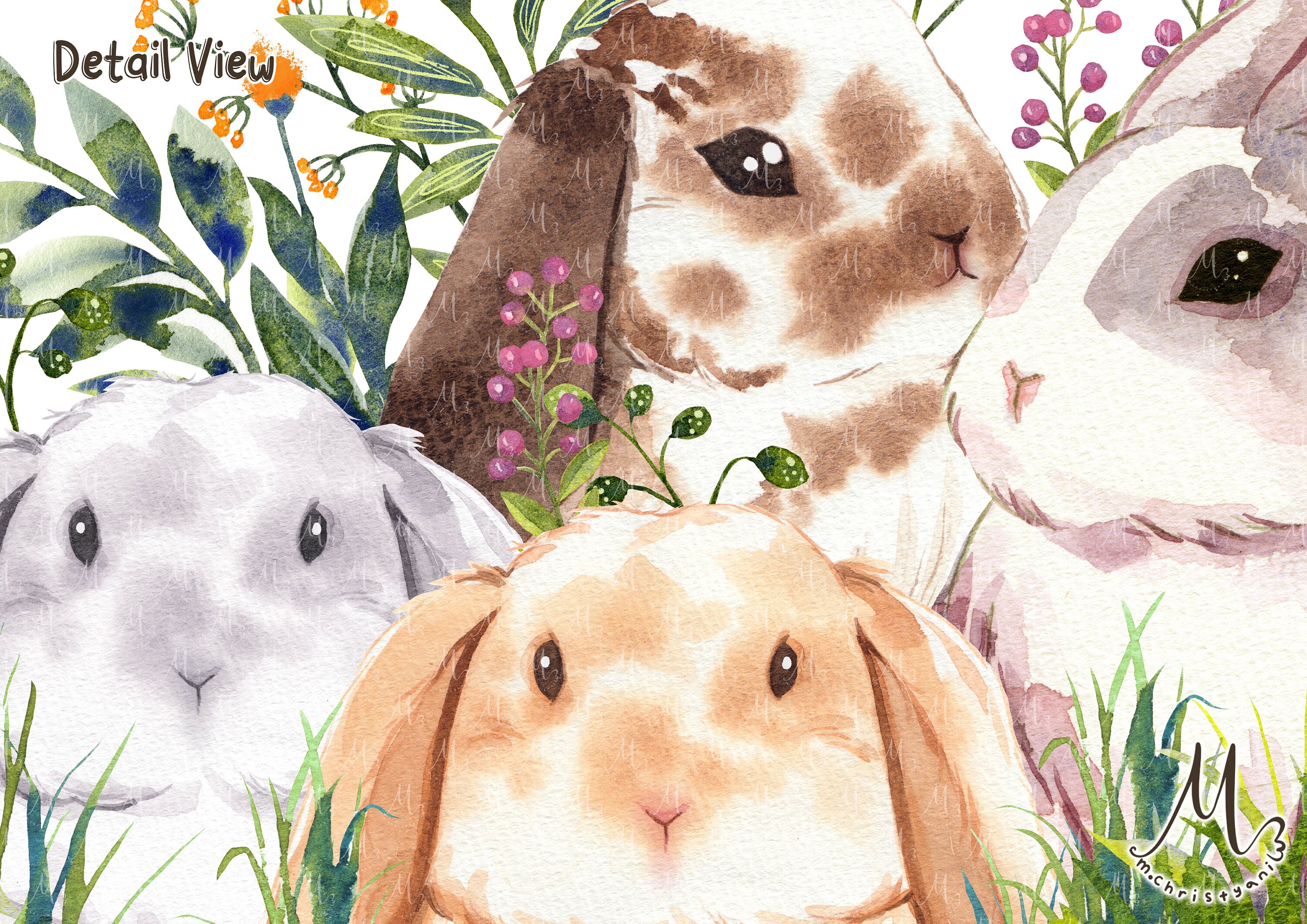 Spring Easter Bunny Clip Art Set, Watercolor Clip Art, Seamless Borders ...