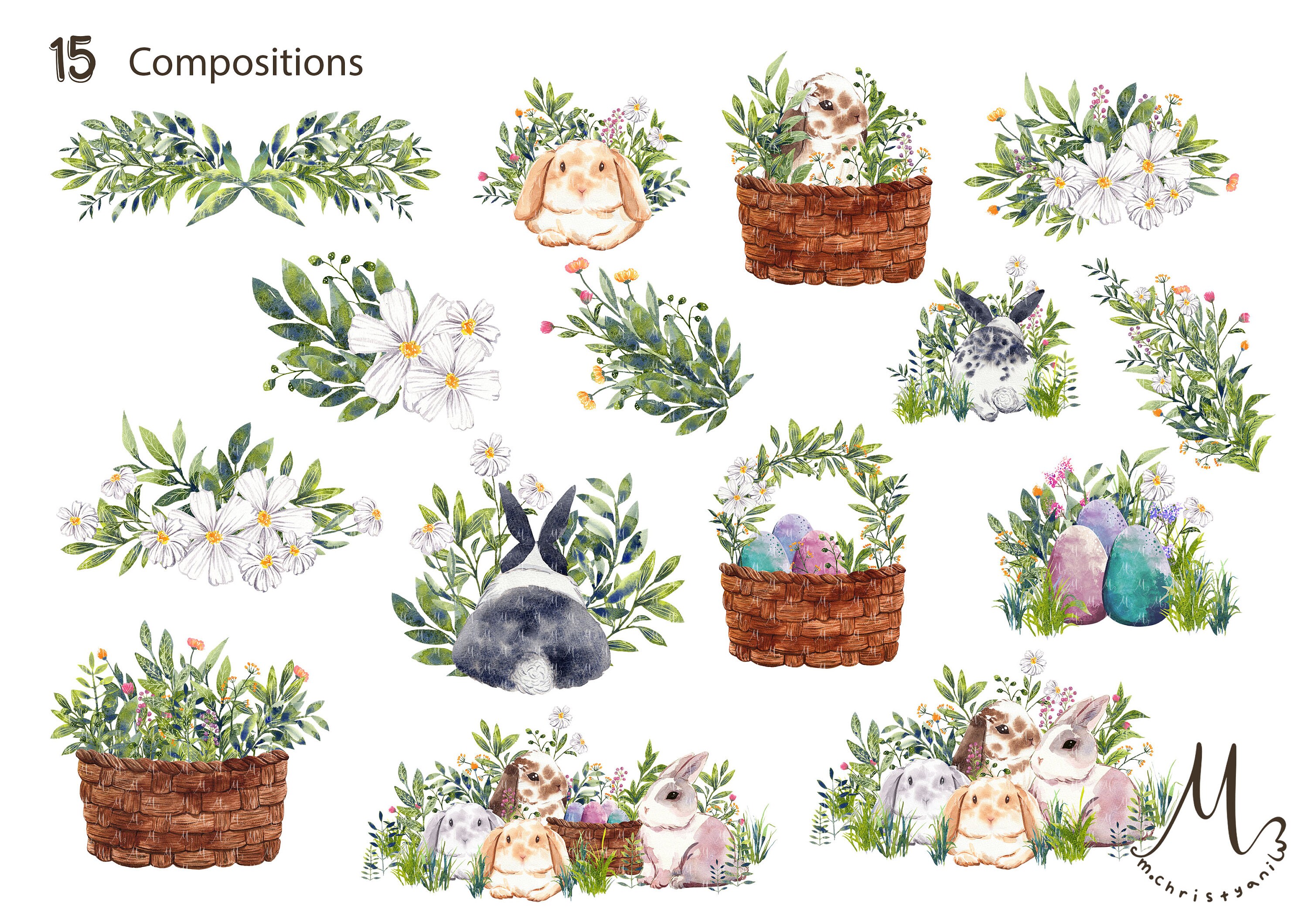 Spring Easter Bunny Clip Art Set, Watercolor Clip Art, Seamless Borders ...