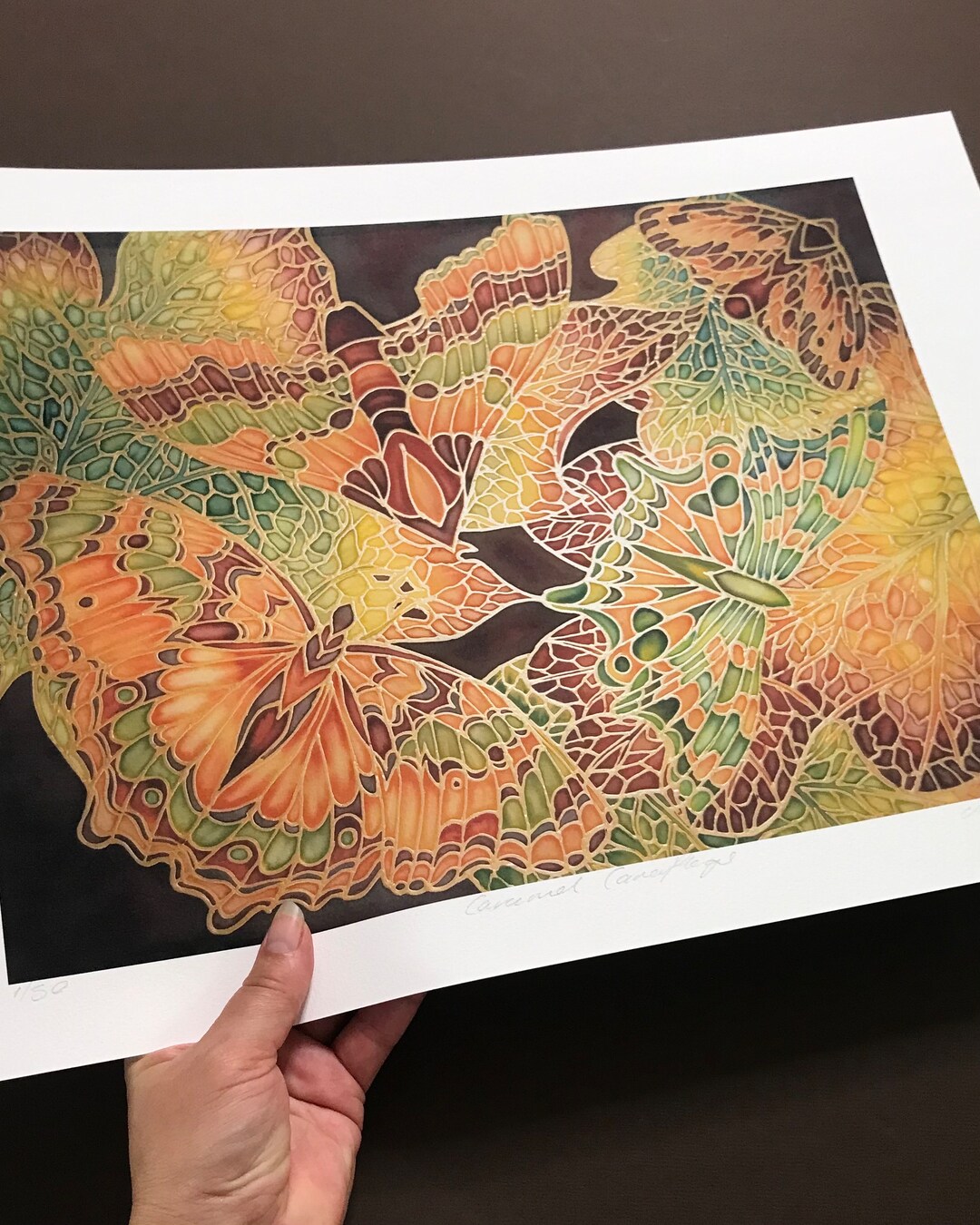 Butterfly Art Print in Warm Caramel and Moss Green Camouflage ...
