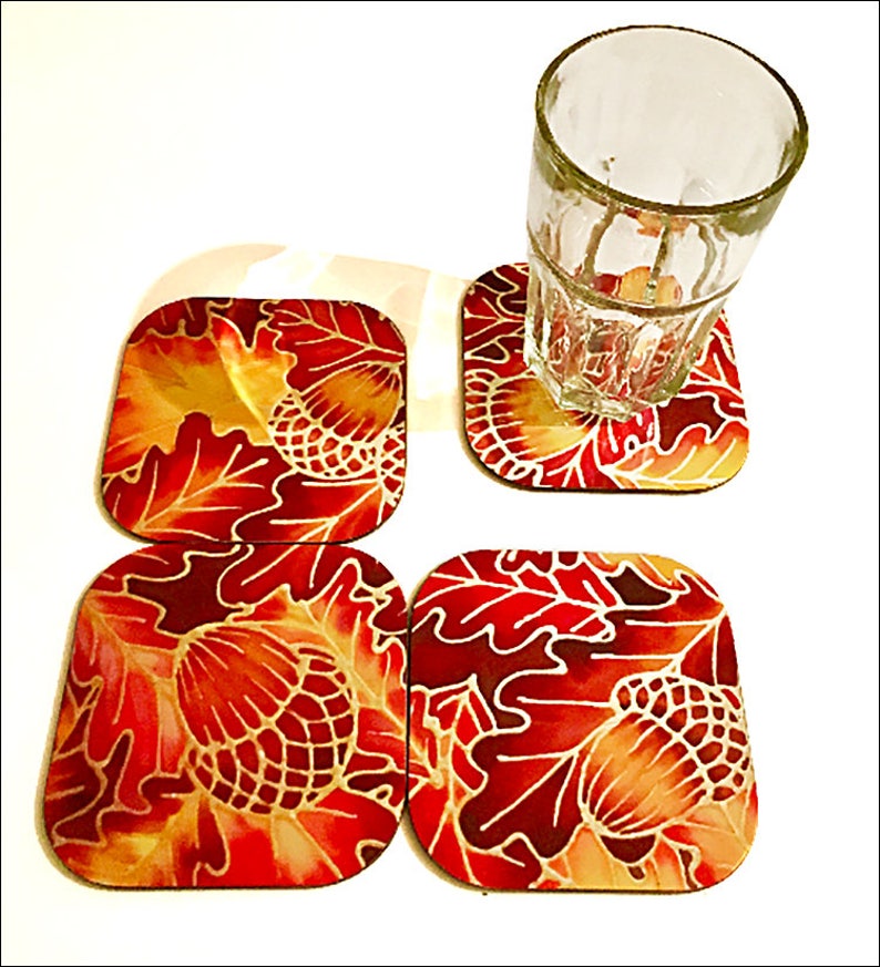 Autumn Leaves Drink Coasters Set Oak Leaves and Acorns | Etsy UK