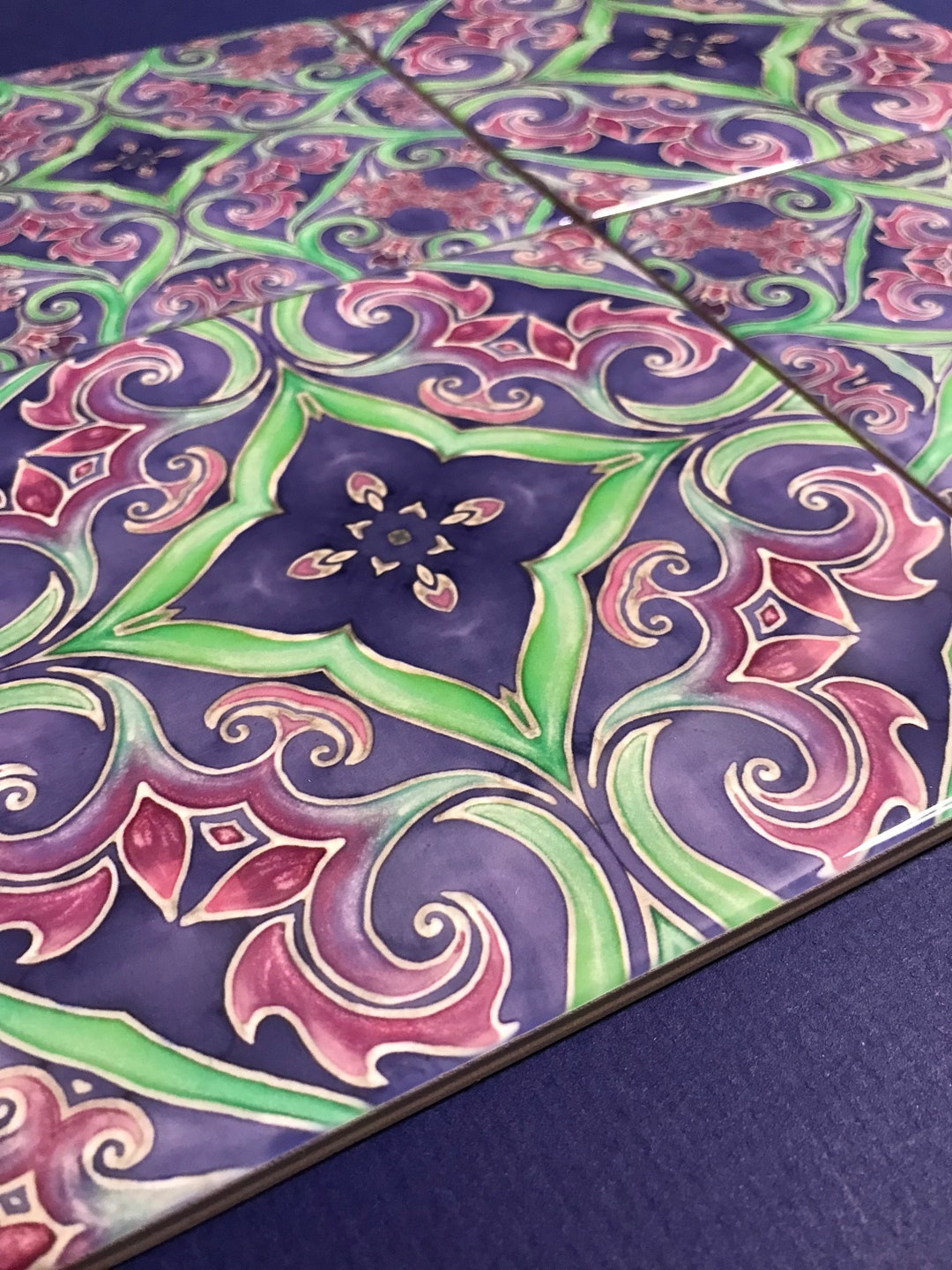 Mixed Set Florentine Blue Green Pink Tiles - Italian Style Hand Printed ...