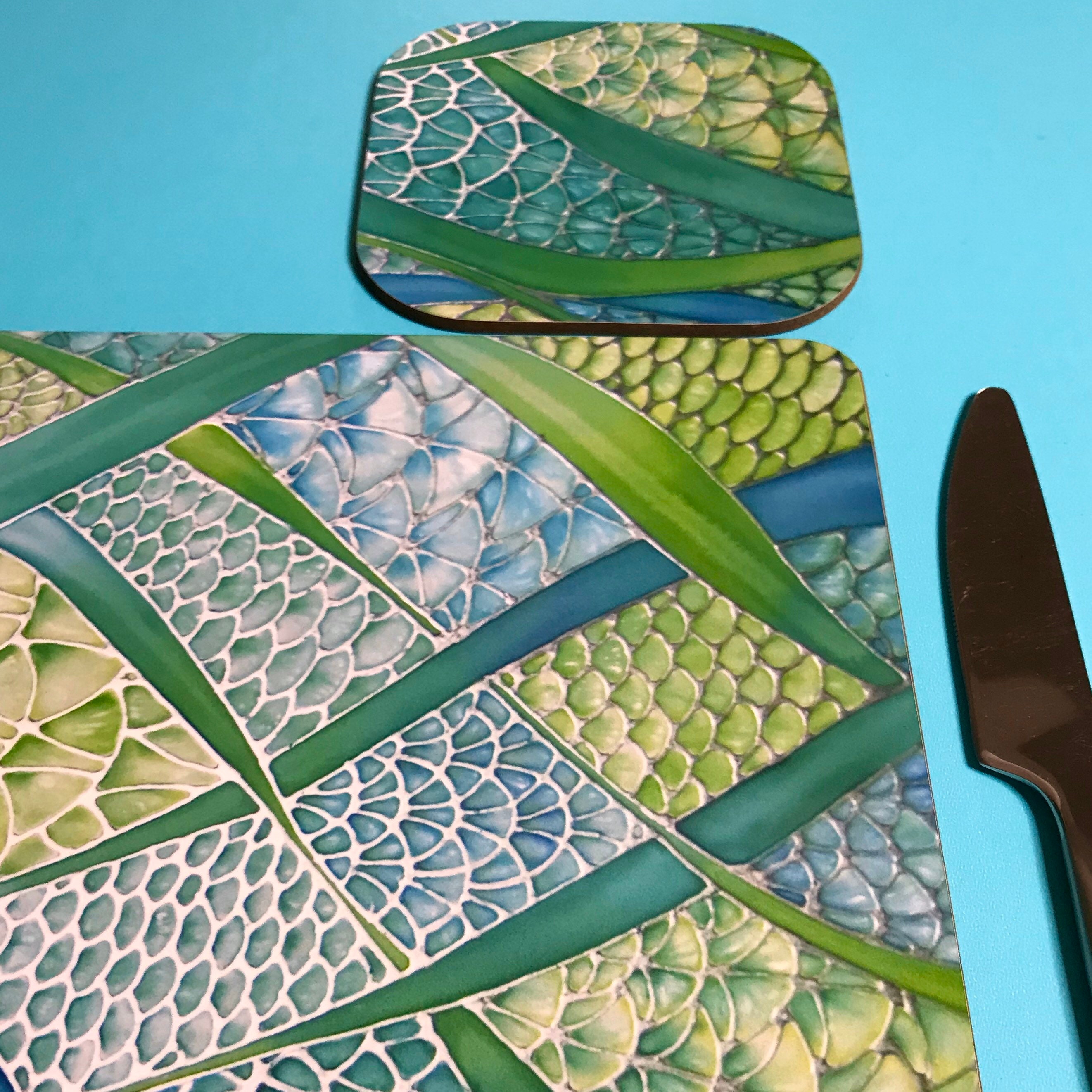 Green Table Mat & Drinks Coaster Set Mint Water Pattern Wine | Etsy