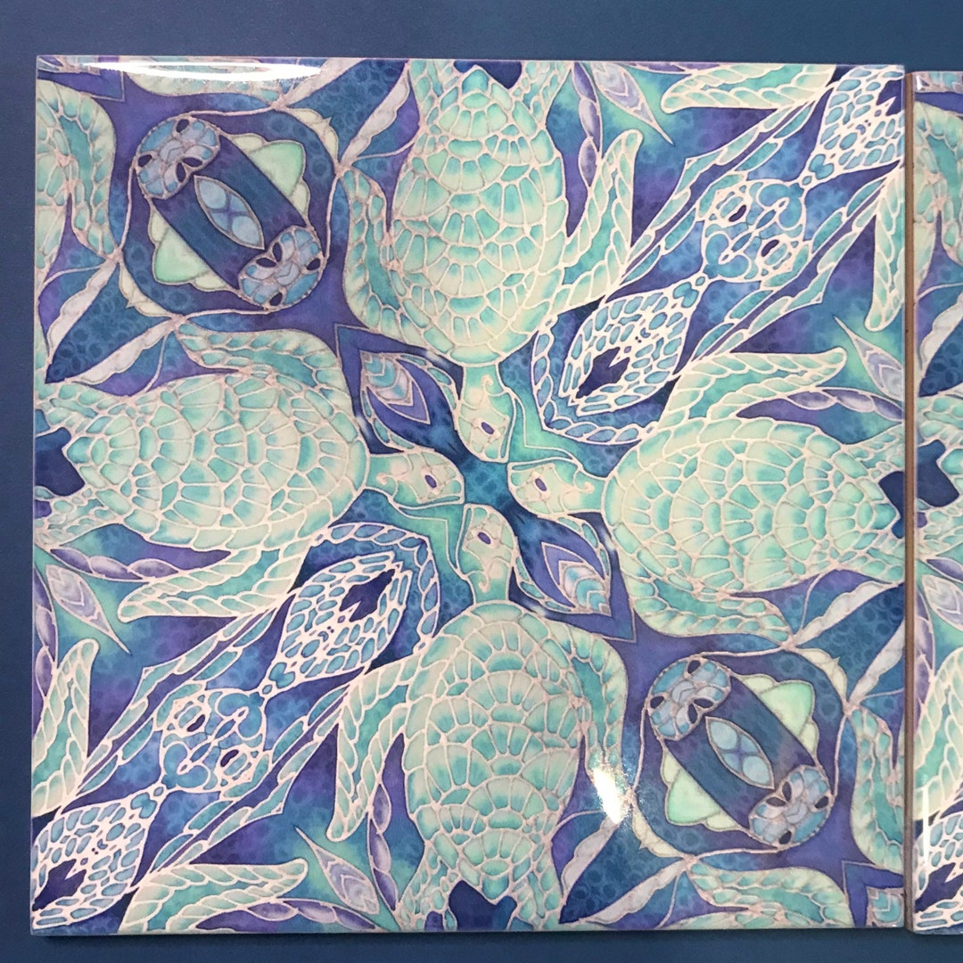 Blue Green Turtles Waltz Wall Tile - Ultramarine, Mint, Aqua Home Decor ...