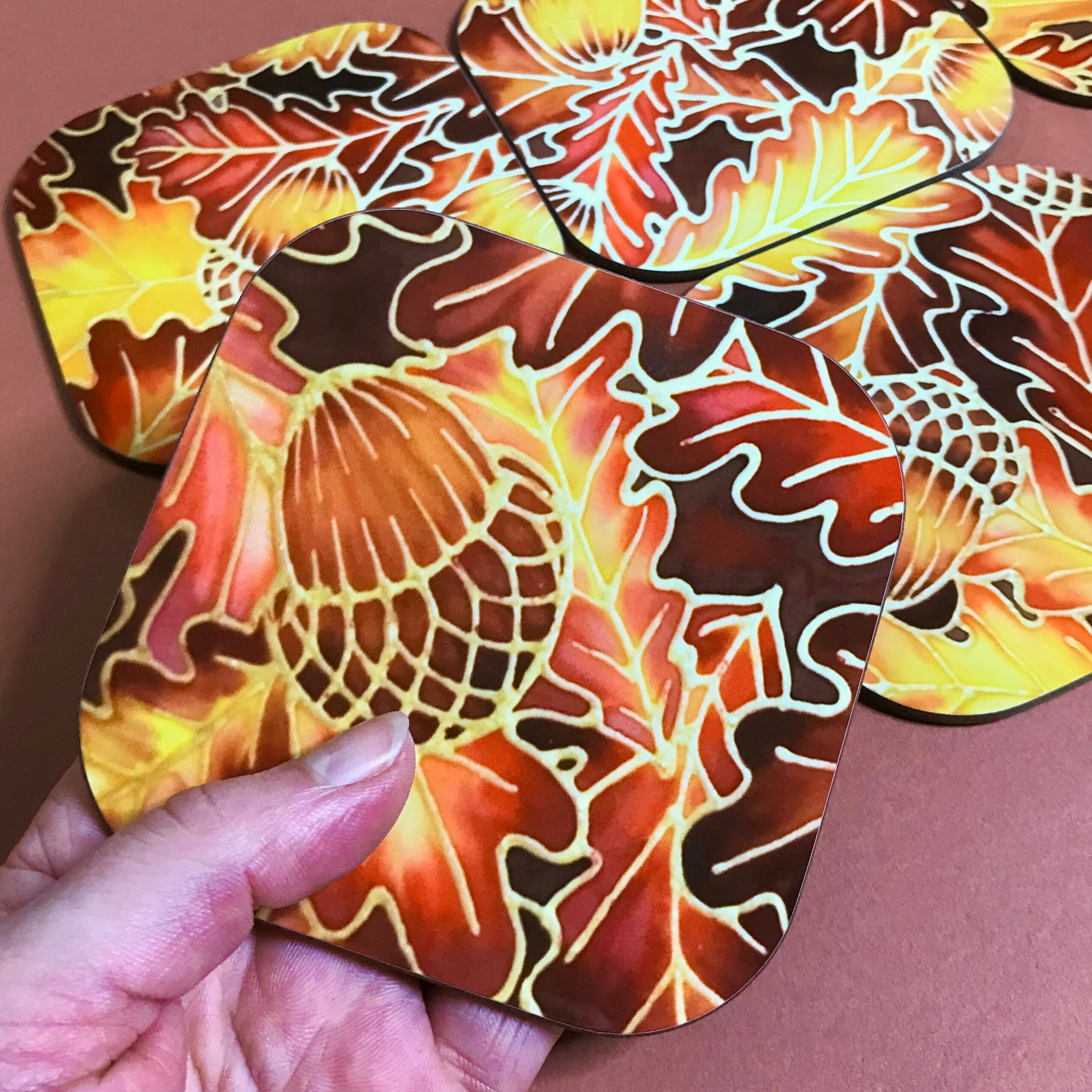 Autumn Leaves Drink Coasters Set Oak Leaves and Acorns - Etsy UK