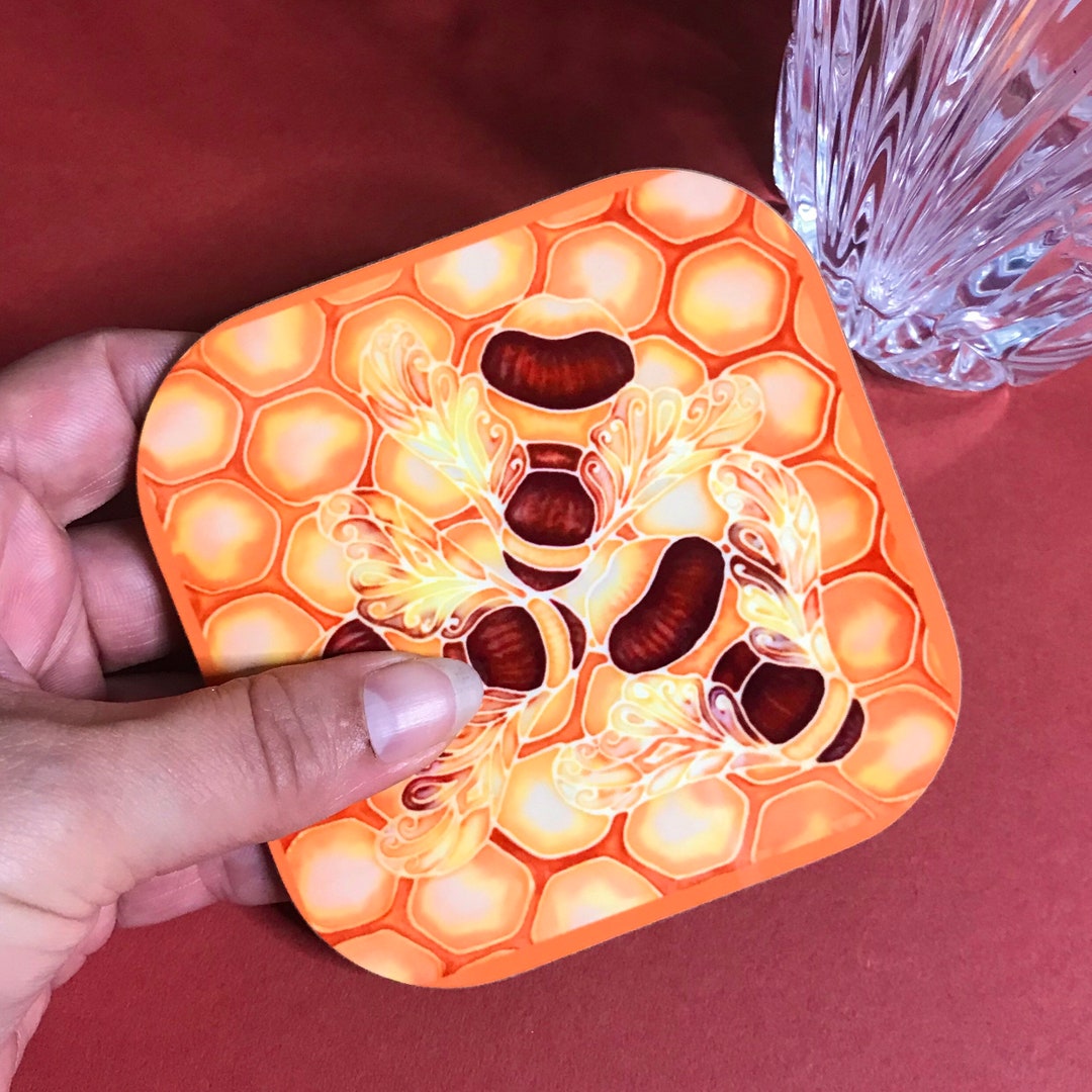 Bees and Honeycomb Coasters - Golden Honey Bee Drinks Mat - Bee Lovers Coaster Gift - Nature ...