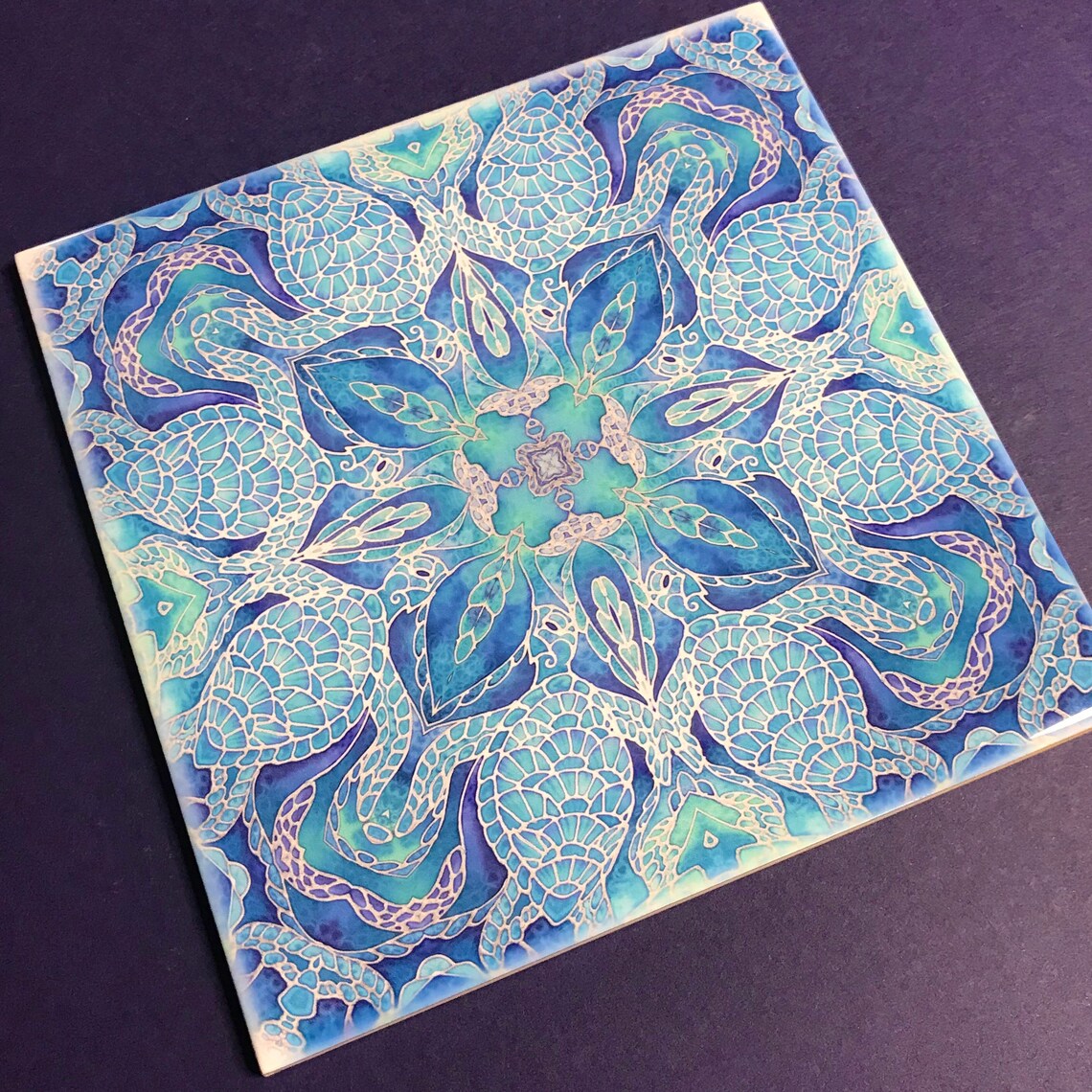 Blue Turtles Mandala Wall Tile Ultramarine Grey Aqua Home | Etsy