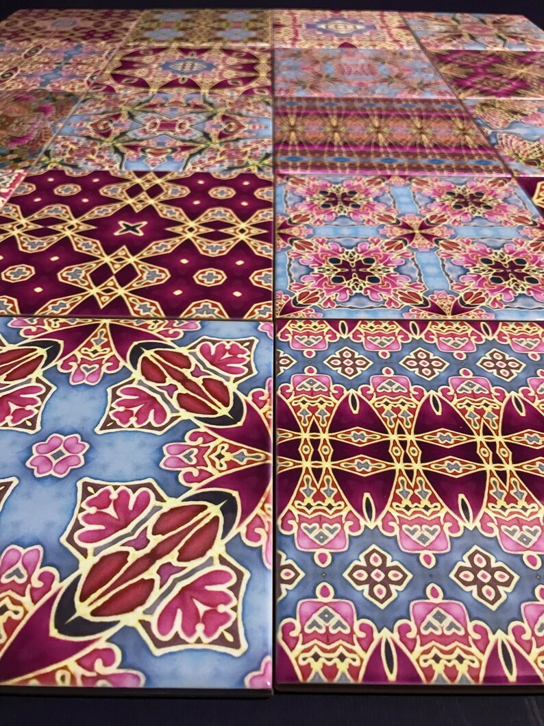 Pink Sunset Inspired Mixed Set of 20 Tiles - Blue Gold Pink Colours ...