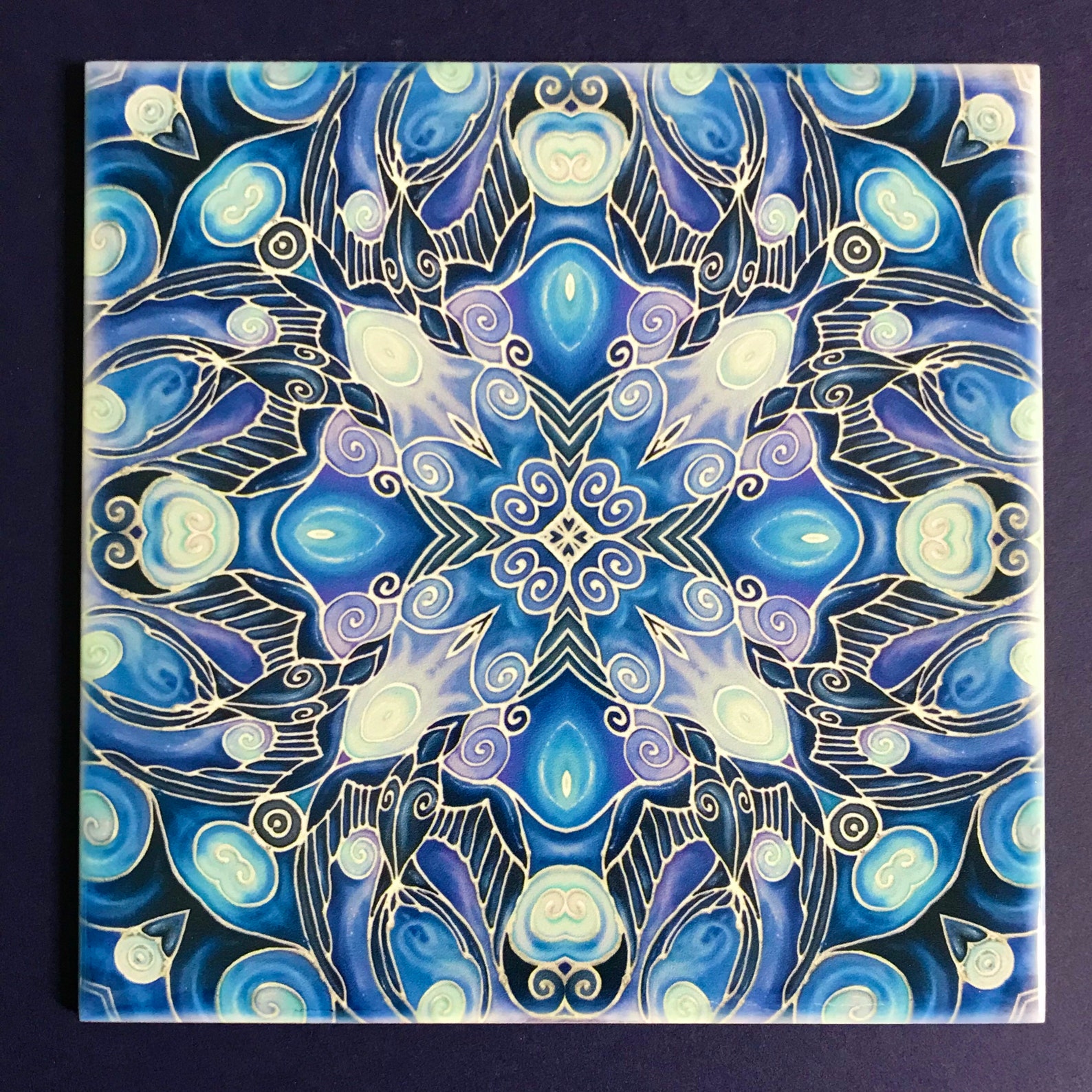 Blue Swallows Mandala Wall Tile Ultramarine Grey Cobolt | Etsy