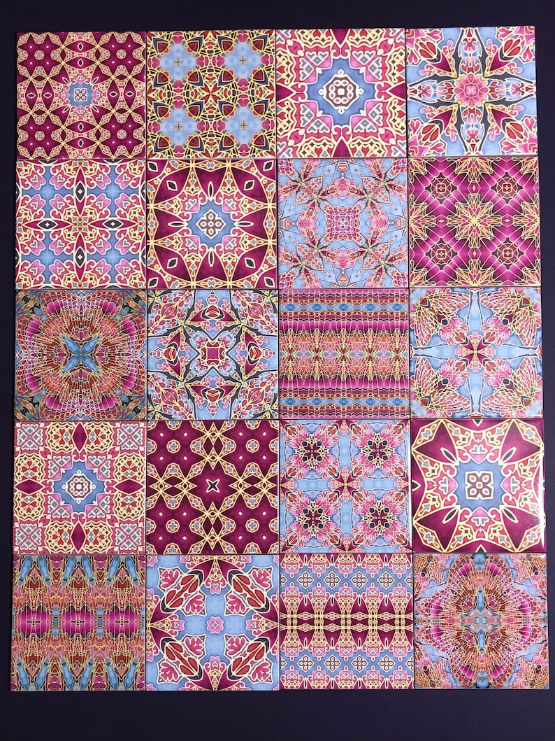 Pink Sunset Inspired Mixed Set of 20 Tiles - Blue Gold Pink Colours ...