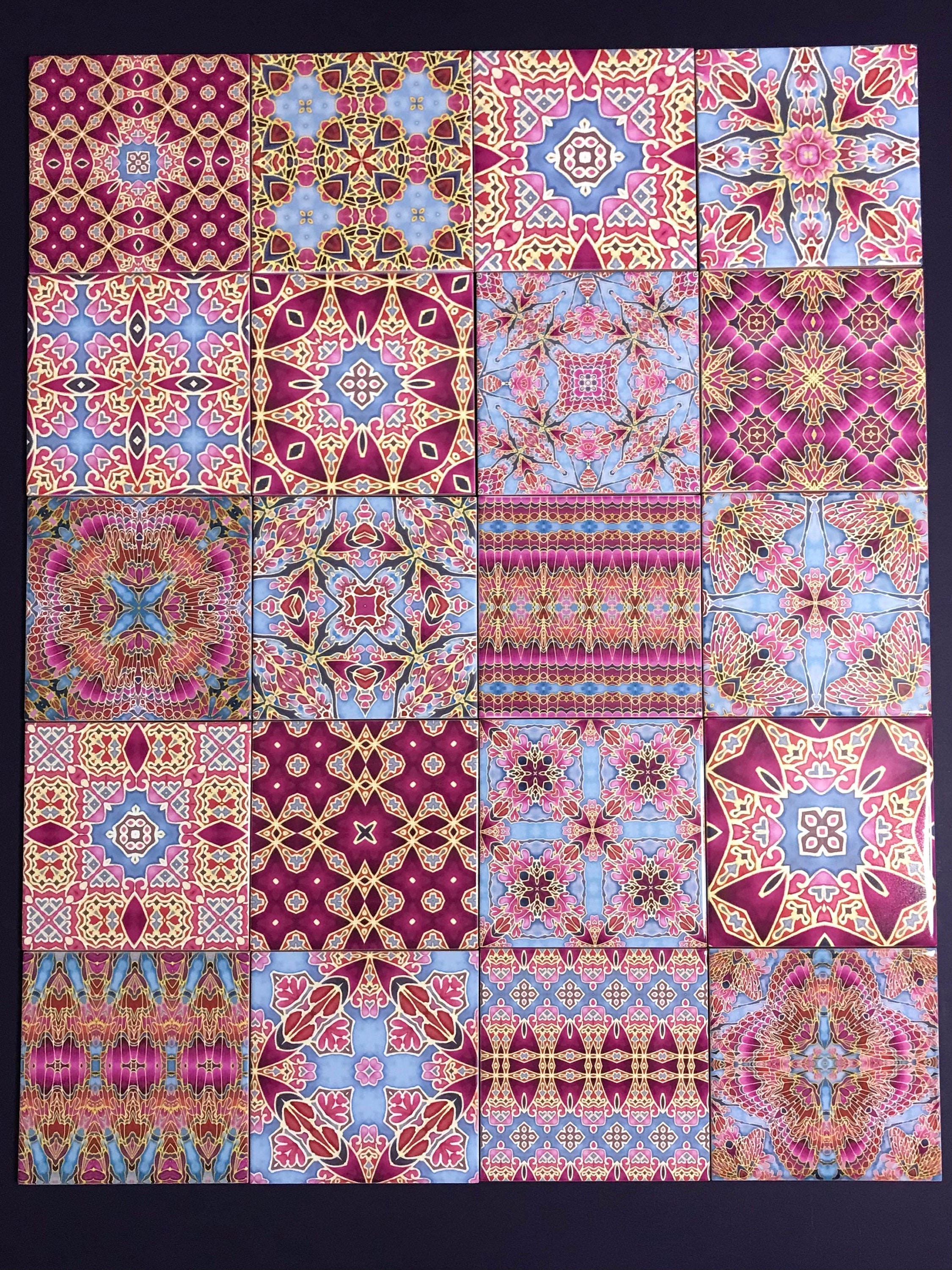Pink Sunset Inspired Mixed Set of 20 Tiles - Blue Gold Pink Colours ...