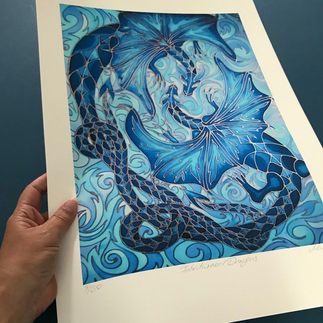 Blue Dragon Wall Art Print - Winged Dragon Bedroom Art - Fiery Dragon ...