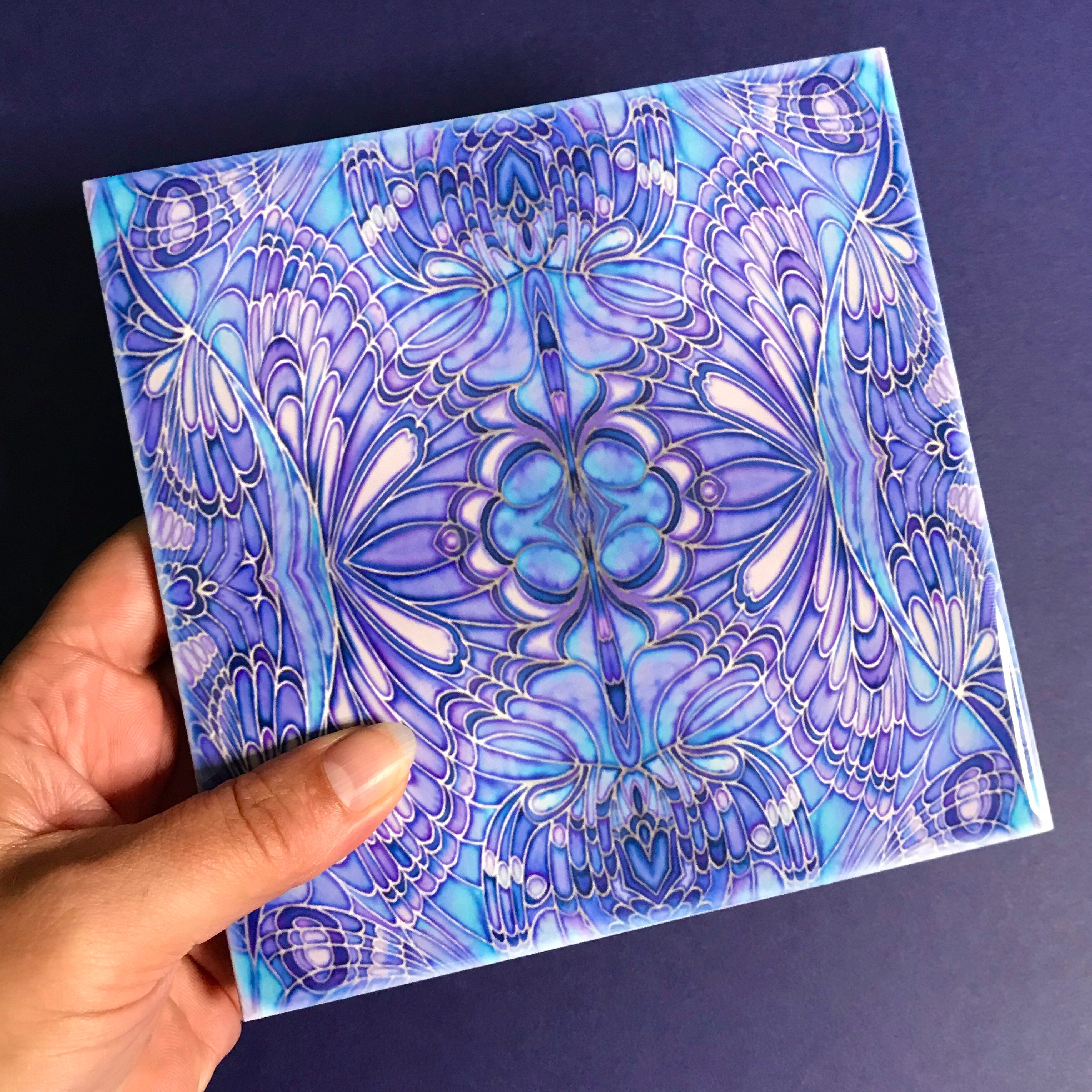 Blueberry Hand Printed Wall Tile - Butterfly Ceramic Tile - Blue Lilac ...