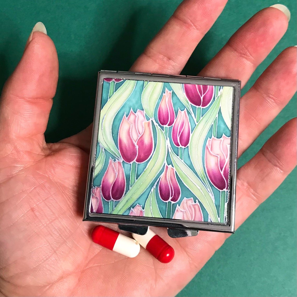 Pink Tulips Pocket Pill Box Large Pill Container for Handbag | Etsy