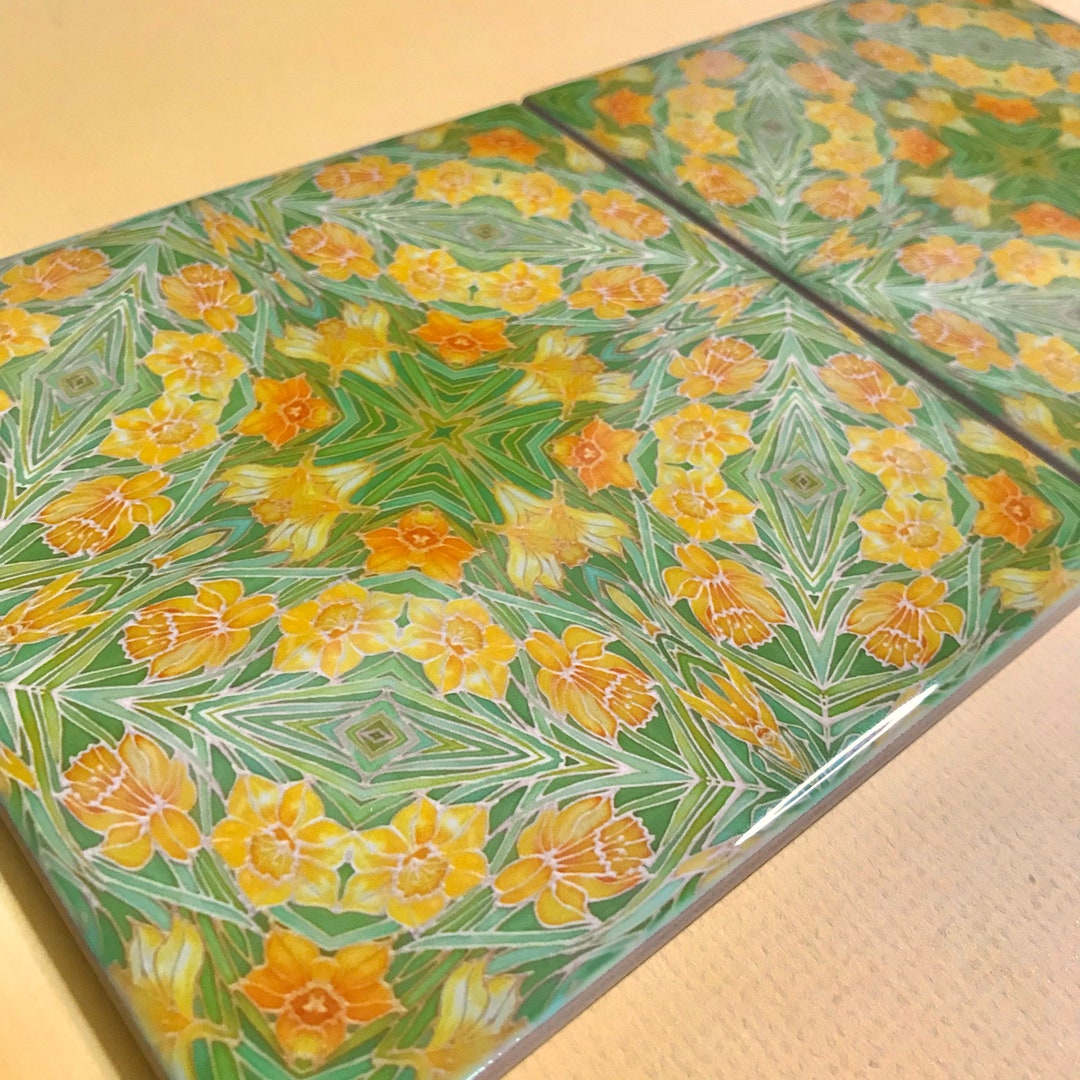 Art Nouveau Pretty Daffodils Hand Printed Tiles - Arts and Crafts Look ...