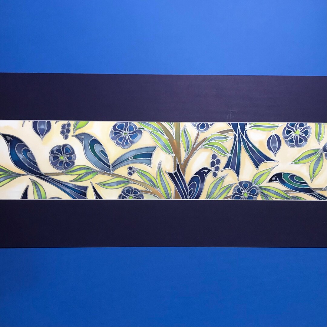 Deep Blue and Cream Birds and Flowers Original Hand Painted Silk. Long ...