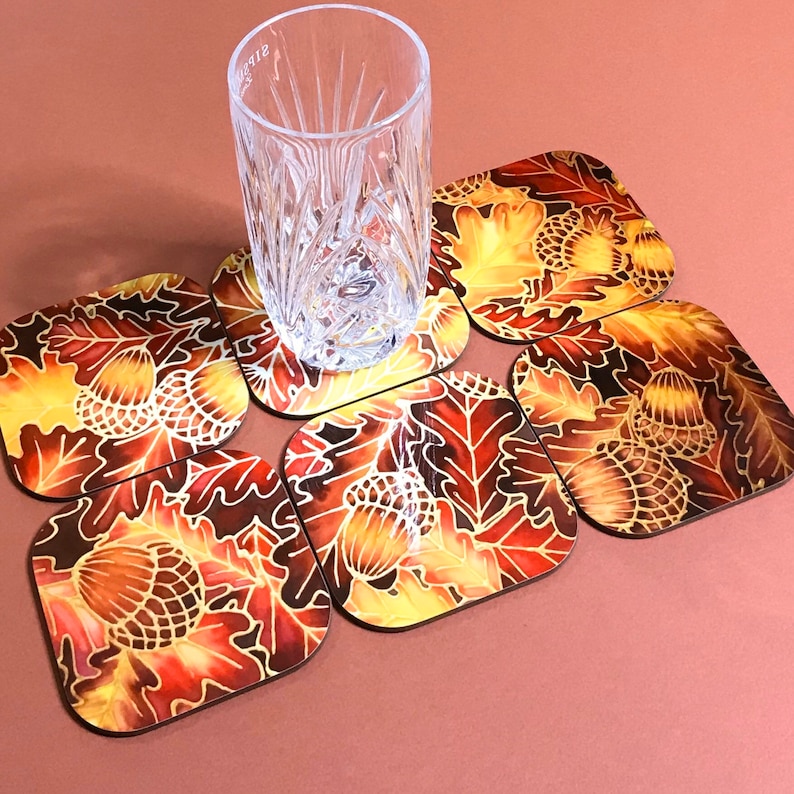 Autumn Leaves Drink Coasters Set Oak Leaves and Acorns - Etsy UK
