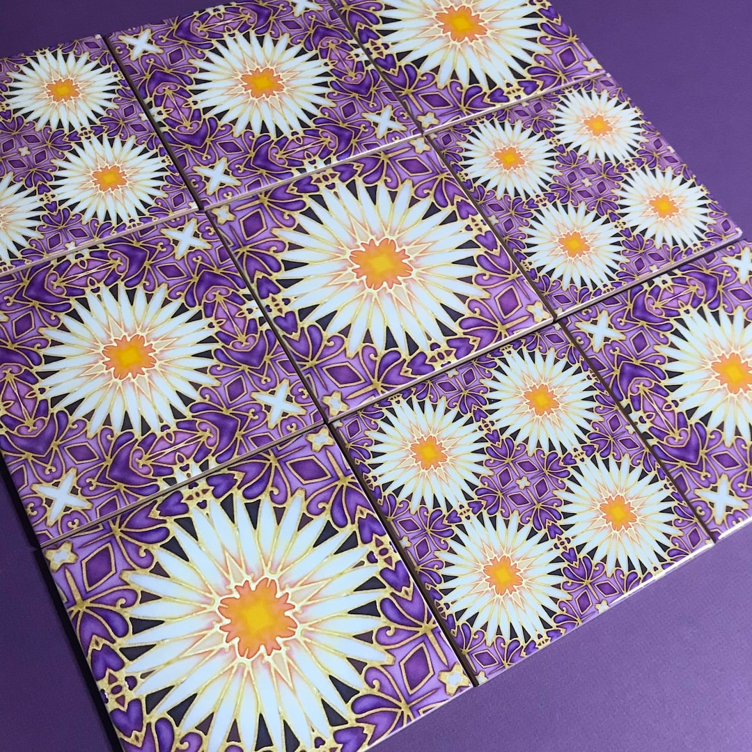Bold Daisy Tiles Mixed Set Hand Printed - Beautiful White Purple and ...