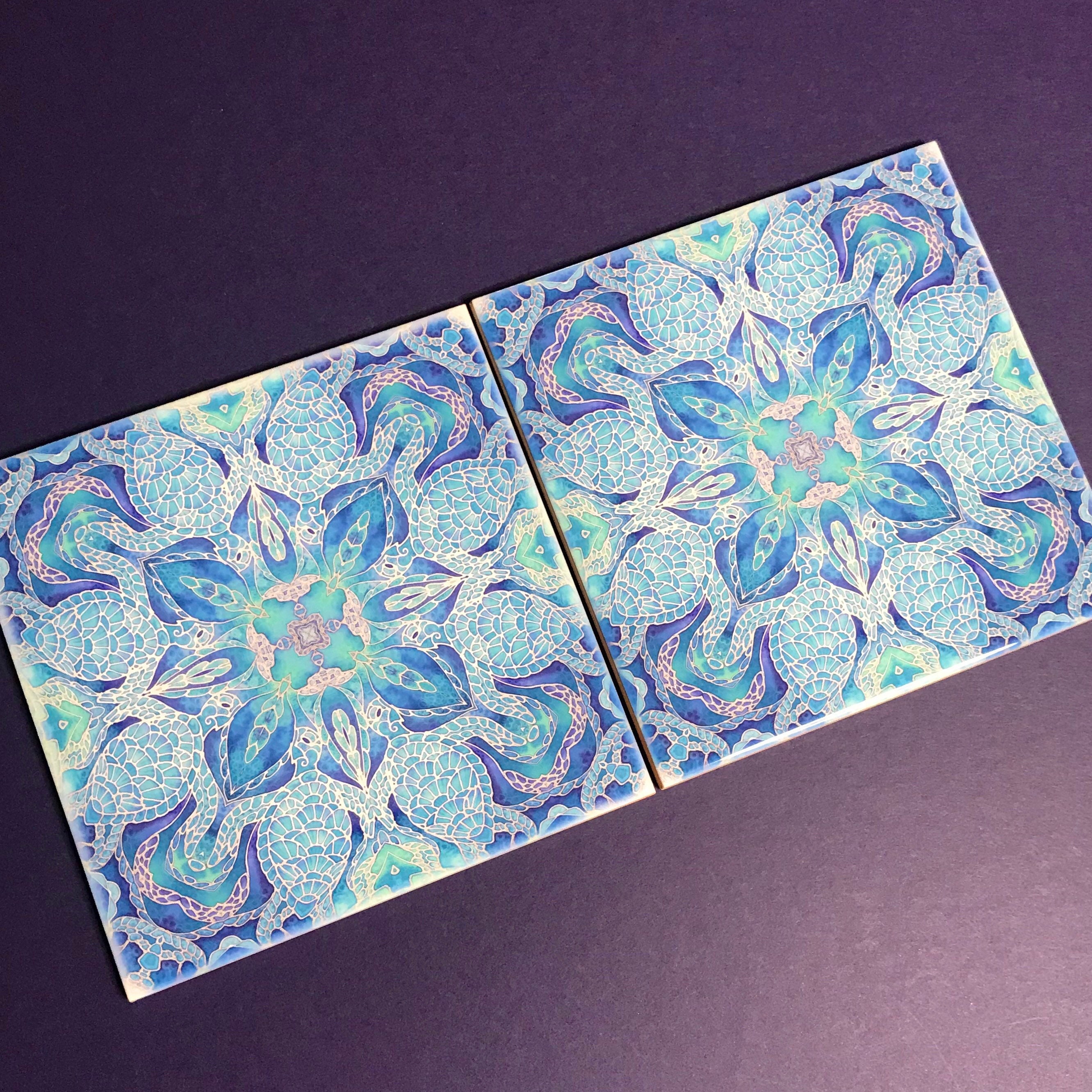 Blue Turtles Mandala Wall Tile Ultramarine Grey Aqua Home | Etsy