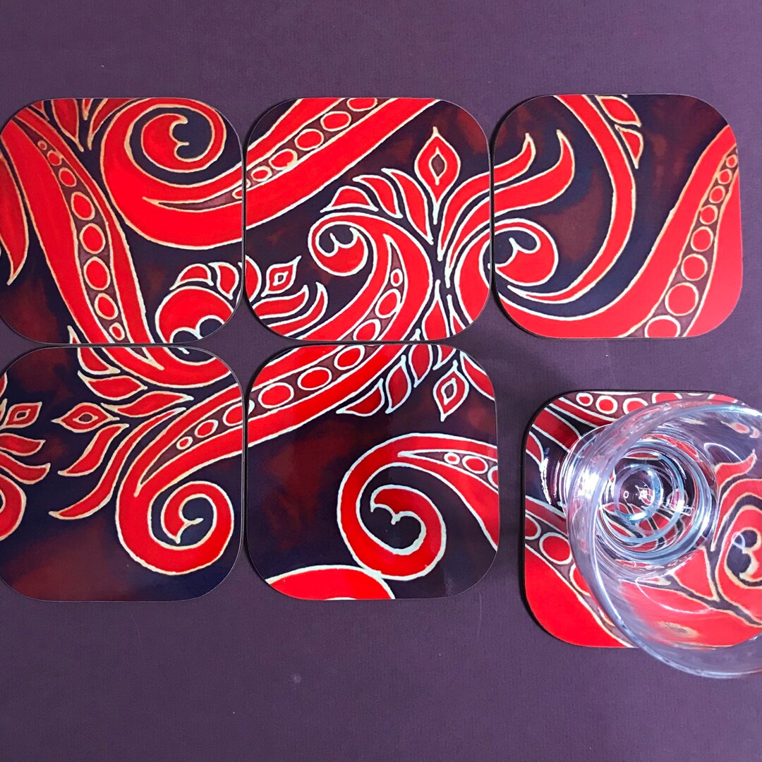 Bright Red Chocolate Black Coasters, Set of 6 - Now on SALE 30% off ...