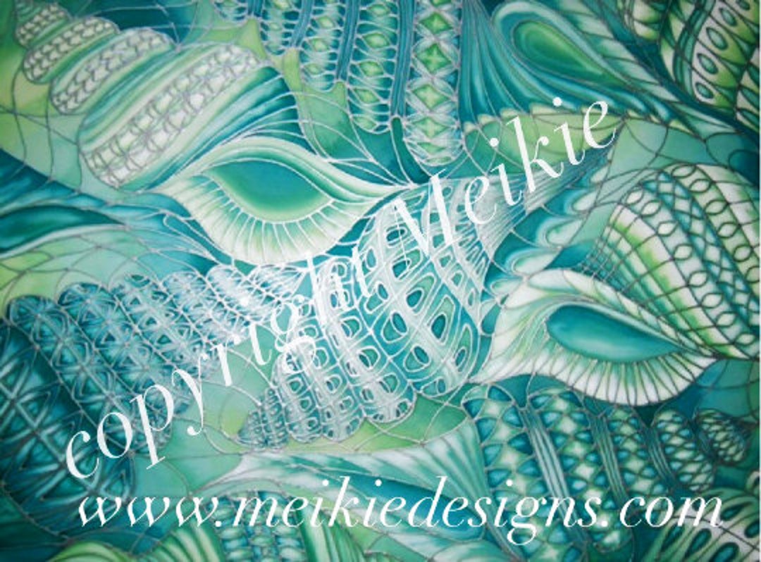 Seashells Silk Painting Print - Green, Lime & Turquoise Sea Shells ...