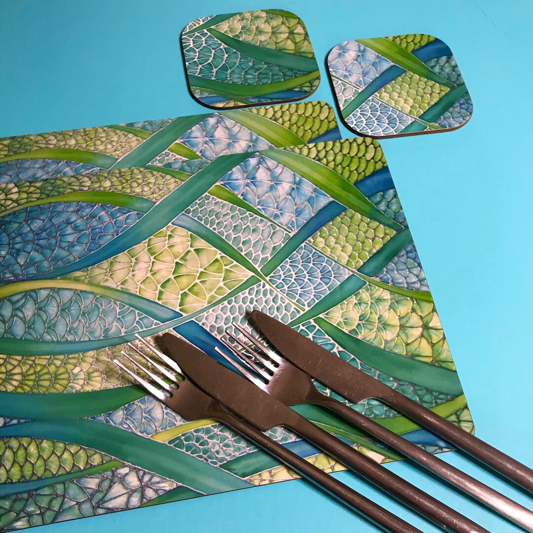 Green Table Mat & Drinks Coaster Set - Mint Water Pattern Wine Coasters ...