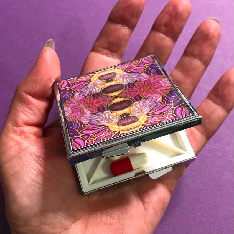 Pretty Bees and Flowers Pocket Pill Box - Large Pill Container for ...