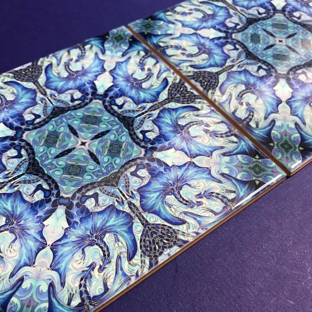 Blue Dragons Mandala Wall Tile - Ultramarine, Grey, Aqua Bathroom ...