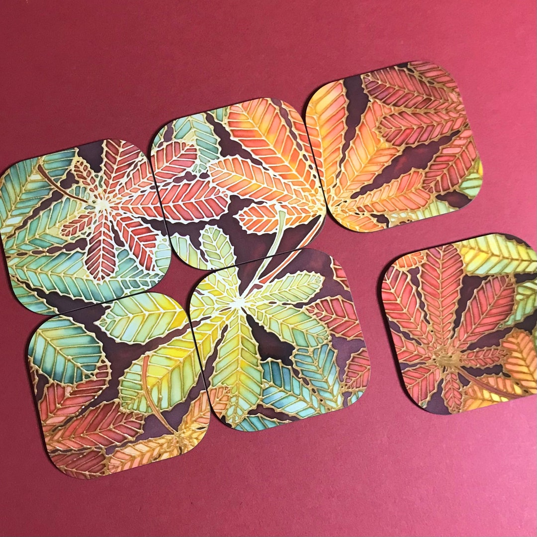 Autumn Leaves Drink Coasters Set - Chestnut Leaves Coaster Set - Green ...