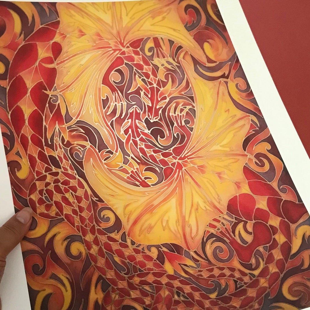 Red & Gold Mystical Dragon Wall Art - Unmounted Firey Dragons Print - Fantasy Book and Film ...