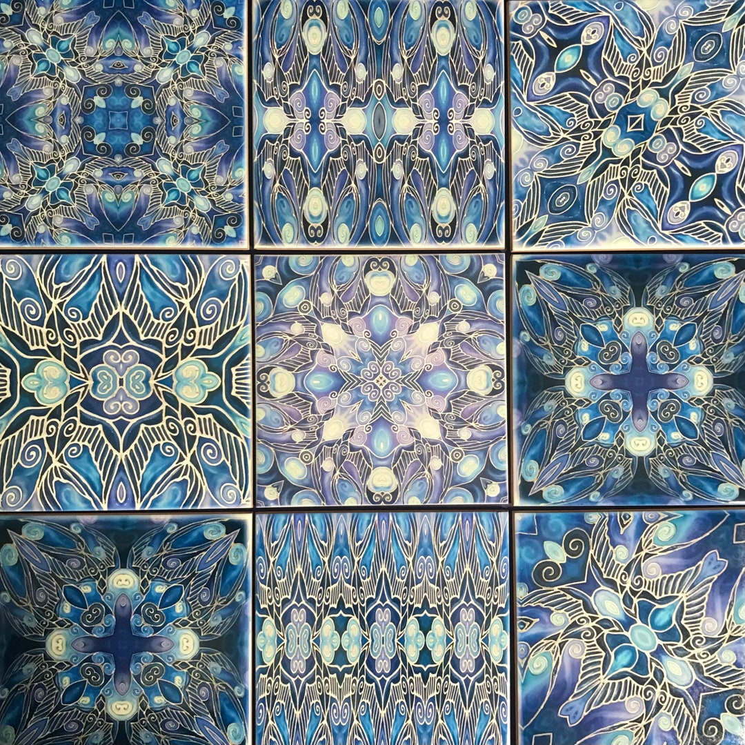 Mixed Set of 50 Hand Printed Tiles - Kaleidoscope Repeats Contemporary ...