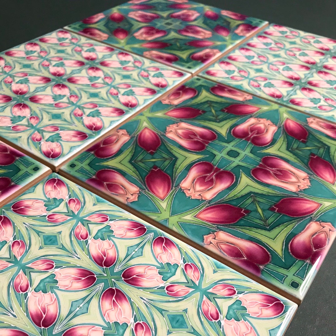 Bohemian Pink Tulip Mixed Set Hand Printed Tiles - Arts and Crafts Look ...