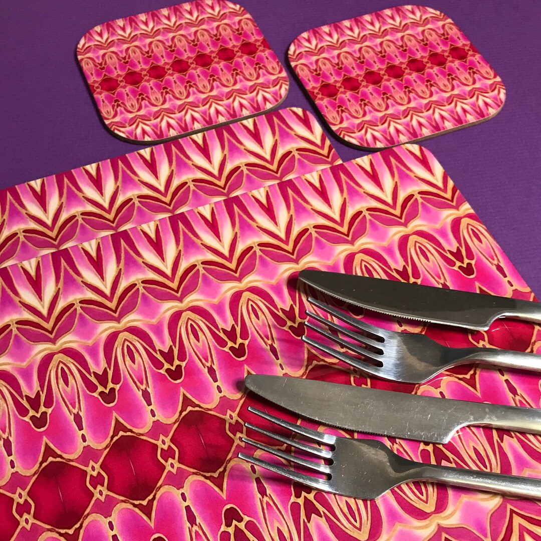 Pink Persian Style Table Mat & Drinks Coaster Set - Pink Red Wine ...