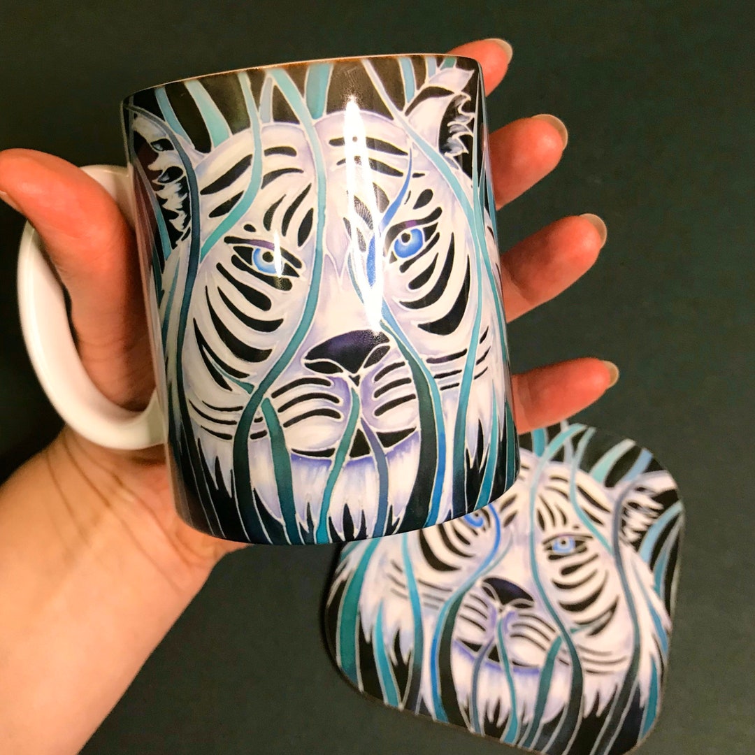 White Tiger Art Mug & Coaster Box Set - OR Tiger Mug Only - Kitchen Art ...