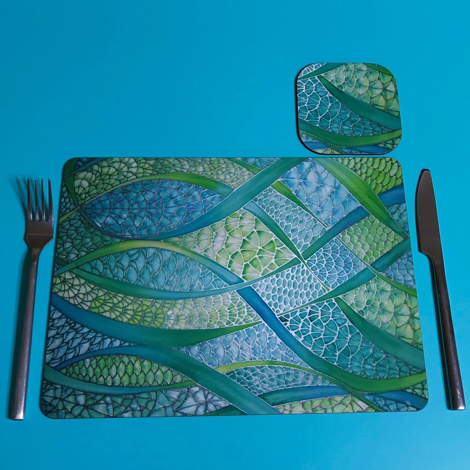 Green Table Mat & Drinks Coaster Set Mint Water Pattern Wine - Etsy UK