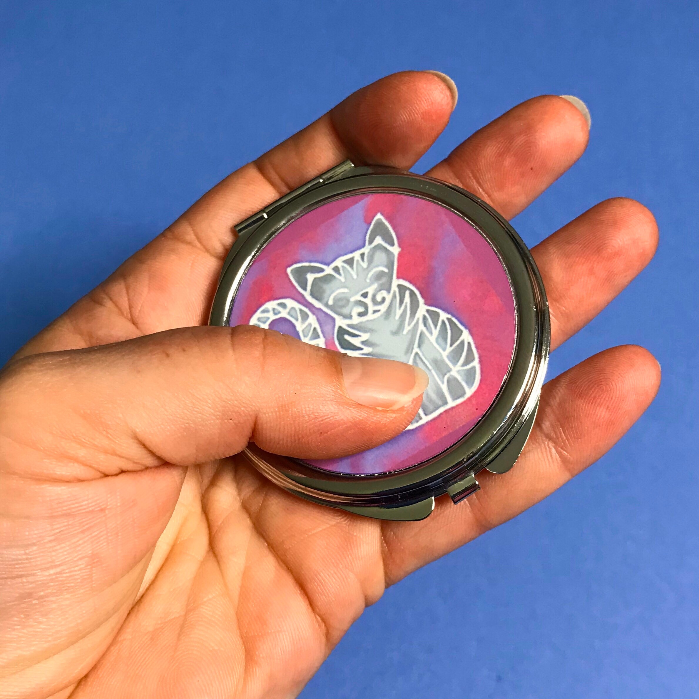 Happy Cat Pocket Mirror Grey Tabby Cat Compact Mirror Pink - Etsy