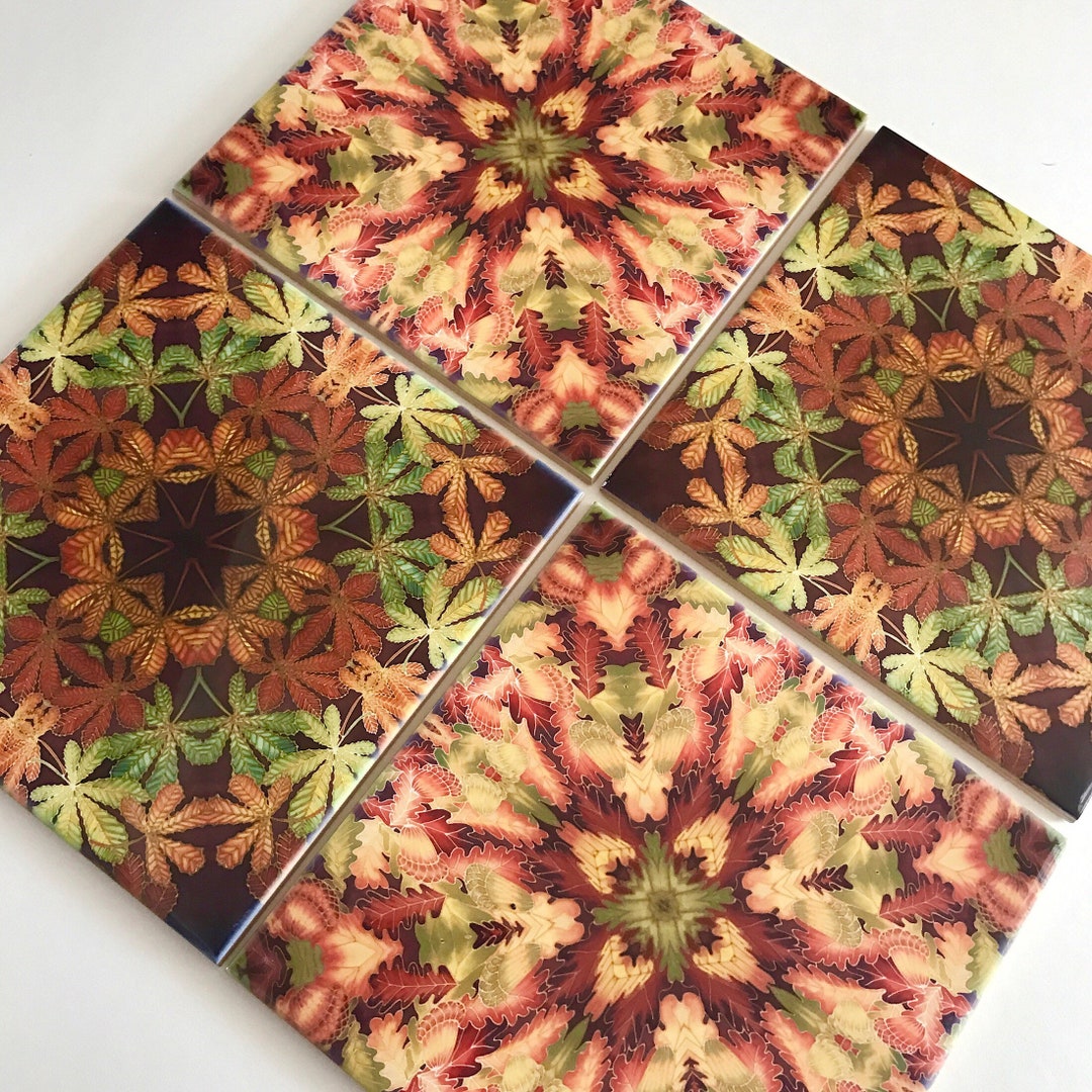 Autumn Leaves Mixed Set Tiles - Leaves Hand Printed Contemporary Tiles ...