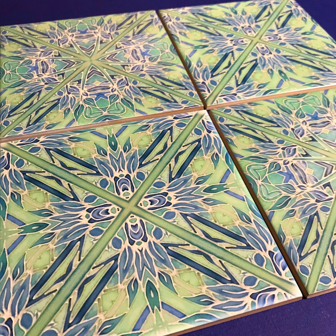 Mixed Set Hand Printed Tiles Kaleidoscope Tile Art in Mint | Etsy
