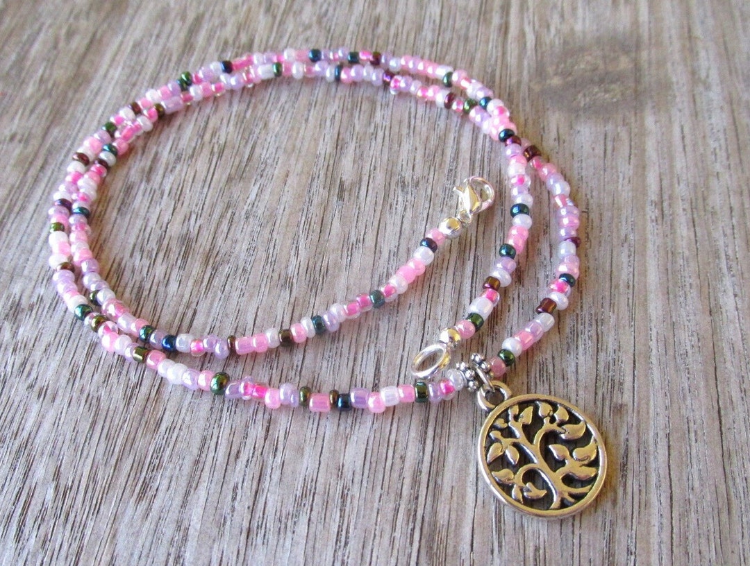 Pink Seed Bead Necklace Glass Seed Bead Tree of Life Pendant Cute Boho ...