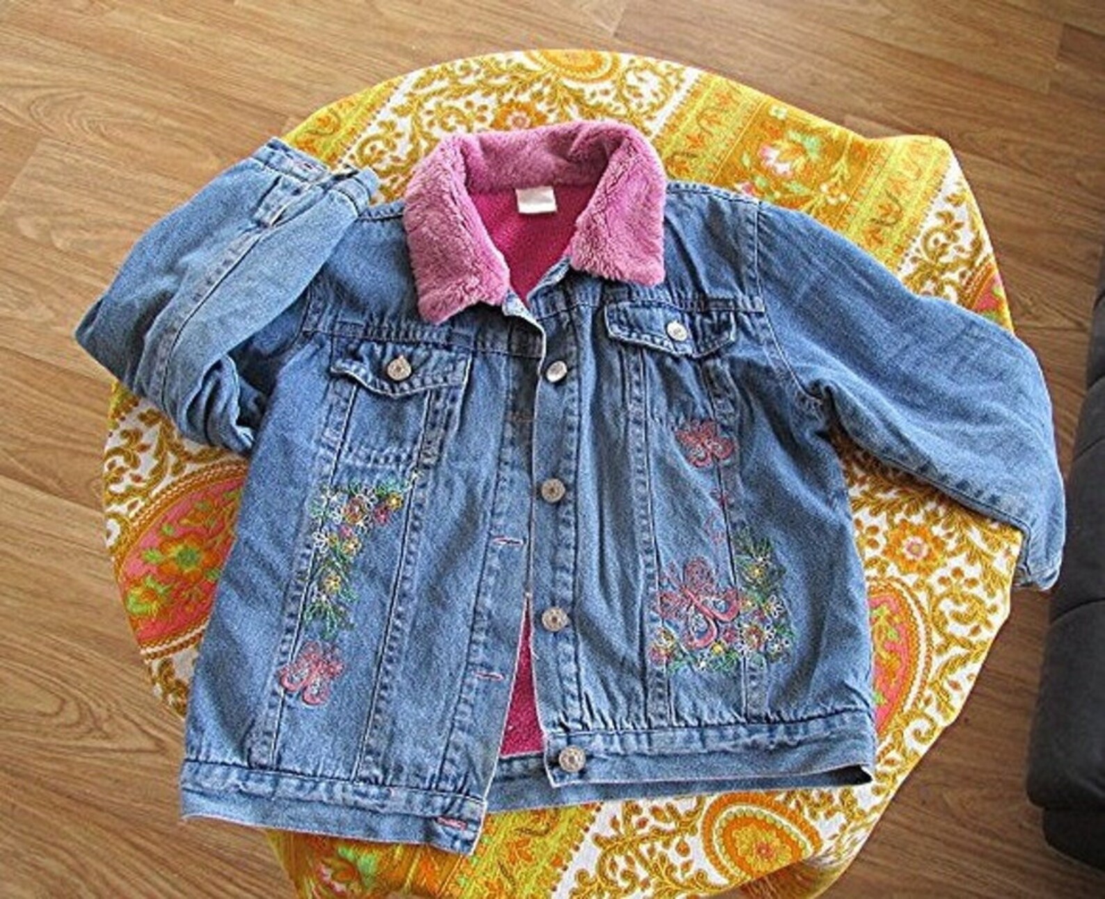 Denim Jacket Girls Embroidered Pink Fleecy Lined Coat Cute - Etsy