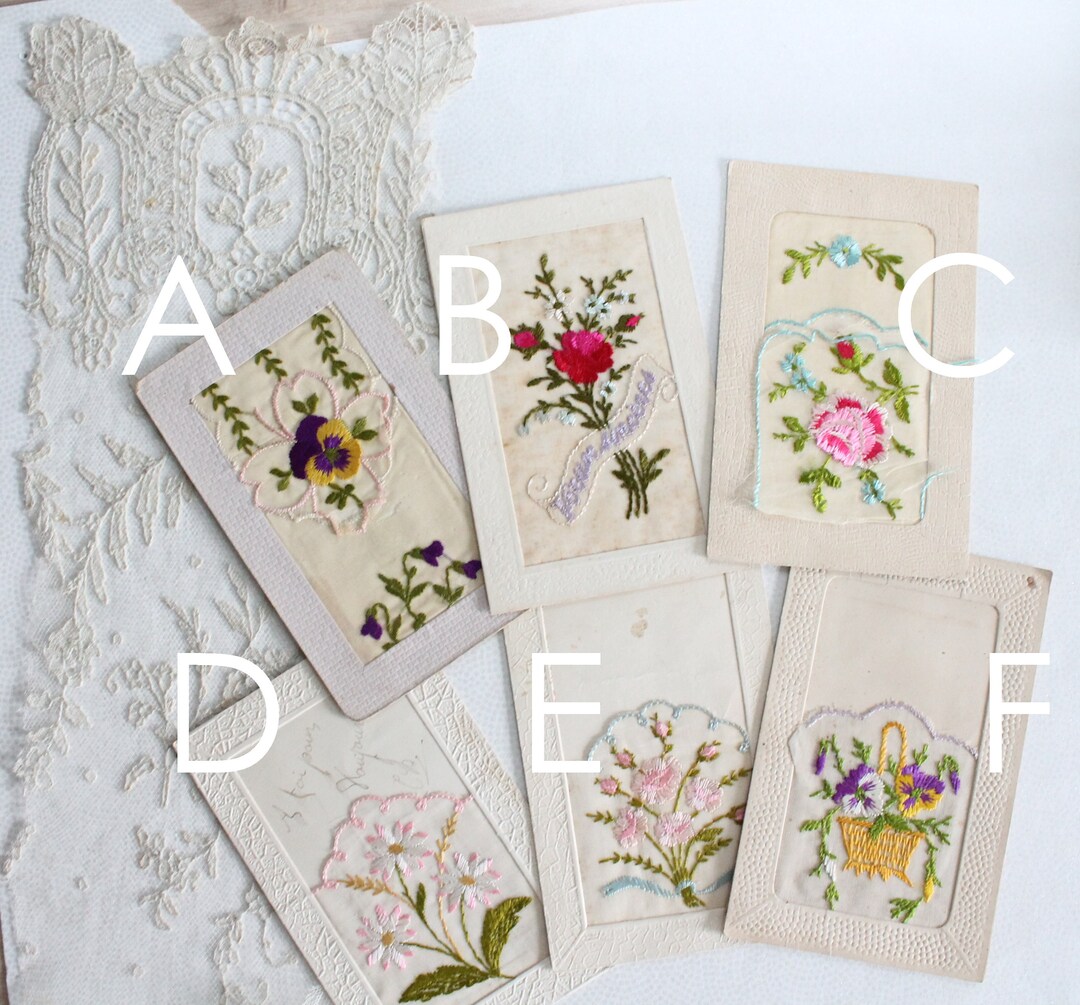 1920' Embroidered Greeting Card, French Hand Embroidered Old Postcard ...