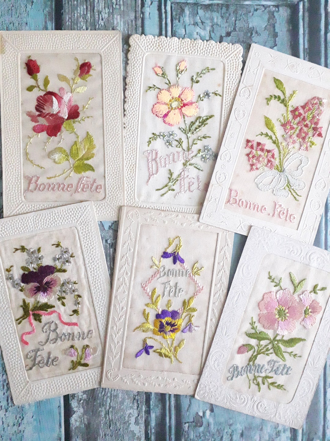 Antique French Embroidered Greeting Card Hand-embroidered Old - Etsy