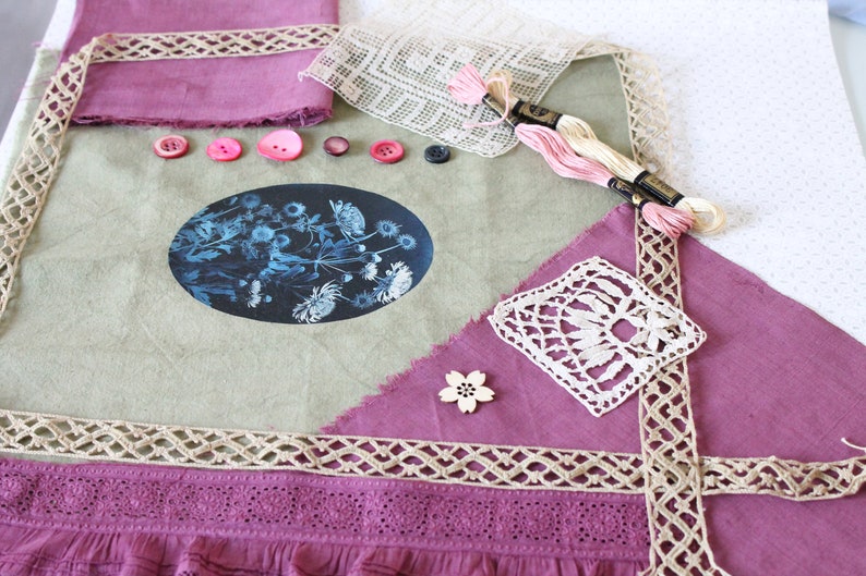 Pack creativo bordado cianotipo, linos antiguos teñidos, hilo DMC ...