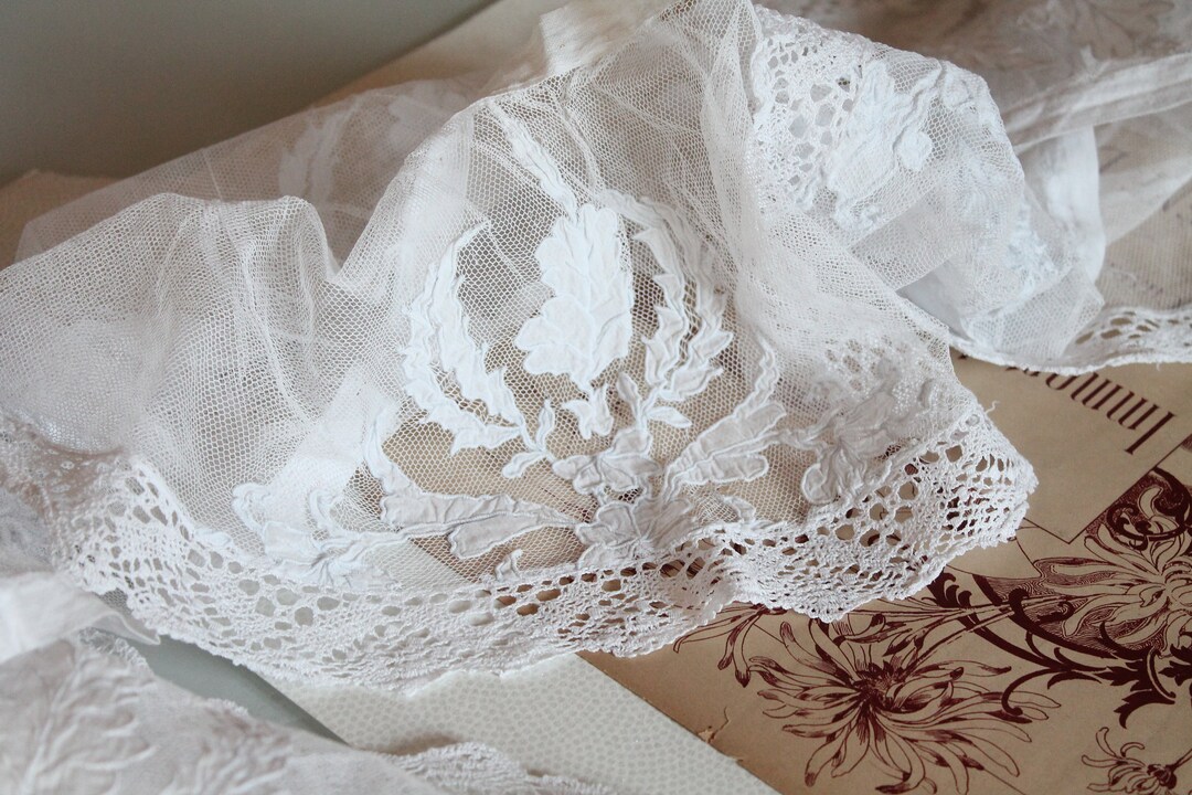 Antique French Lace Embroidered on White Tulle, Lace With Flower ...